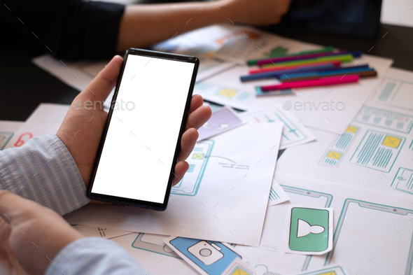 Mock up. Teamwork process, Graphic designer creative planning work ...