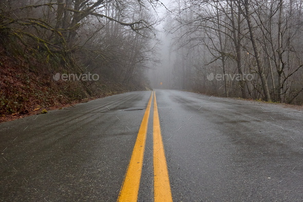 Yellow Lines on an Empty and Foggy Road Stock Photo by couragesings