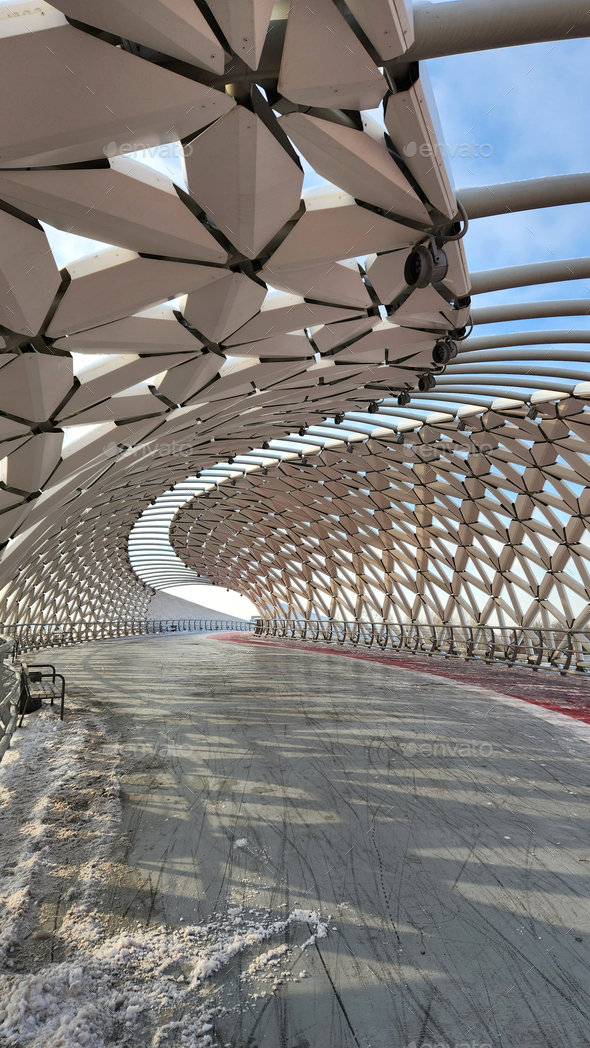 Modern architectural urbanistic Atyrau fish bridge across Ishim river ...