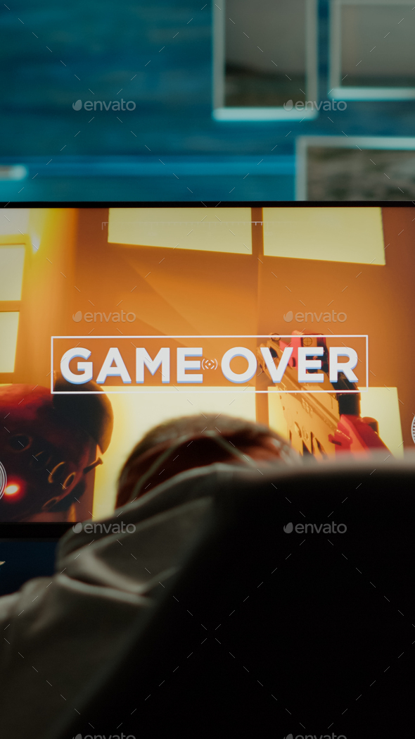 Sad professional eSports gamer losing shooter mock-up video game Stock ...