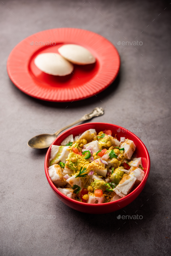 Idli Chaat is a tasty Indian recipe made using leftover idlis Stock ...