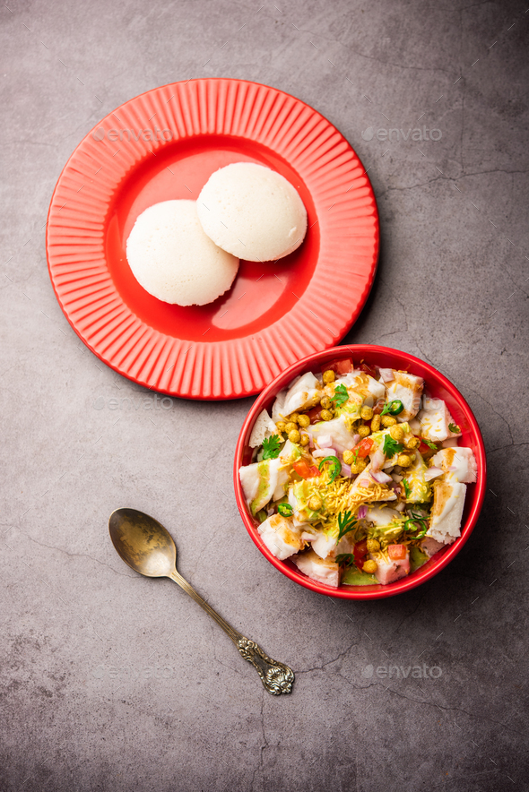 Idli Chaat is a tasty Indian recipe made using leftover idlis Stock ...
