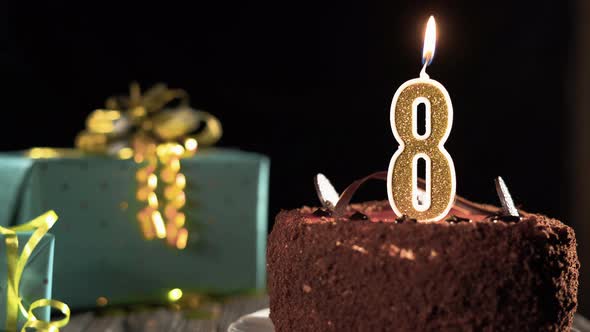 Birthday Cake Golden Candle Number 8 Eighth Fire From Lighter Blowing ...