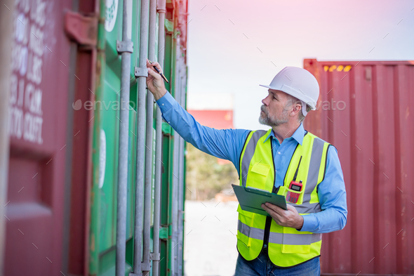 dock worker under discussion about dock container shipping warehouse ...