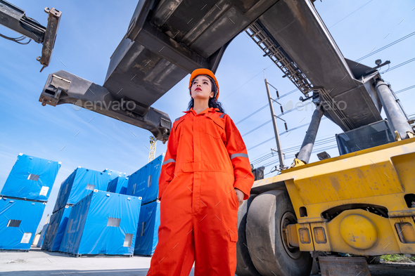 Engineer worker under working with fork lift container truck is ...