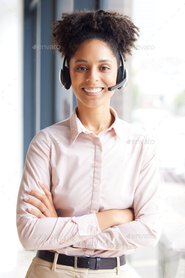 Call center, smile and portrait of black woman in customer service ...