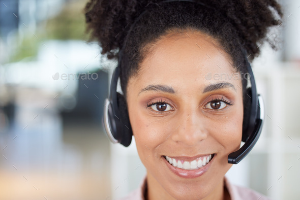 Black woman, telemarketing portrait and happiness in call center office ...
