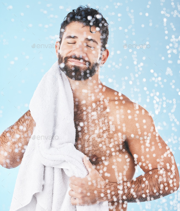 Clean, man with towel and beauty, body hygiene with bokeh overlay and ...