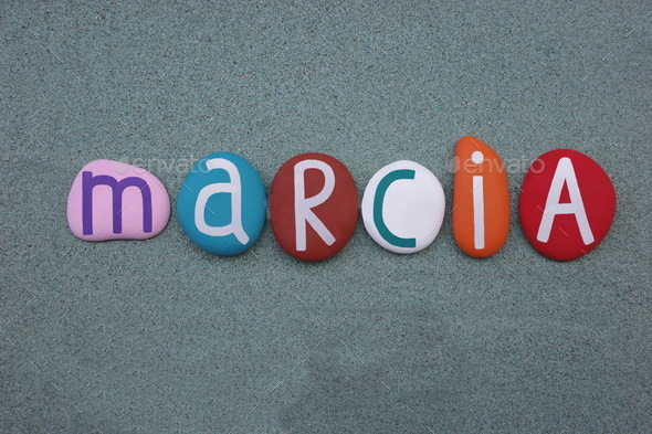 Marcia, female given name composed with multi colored stone letters ...