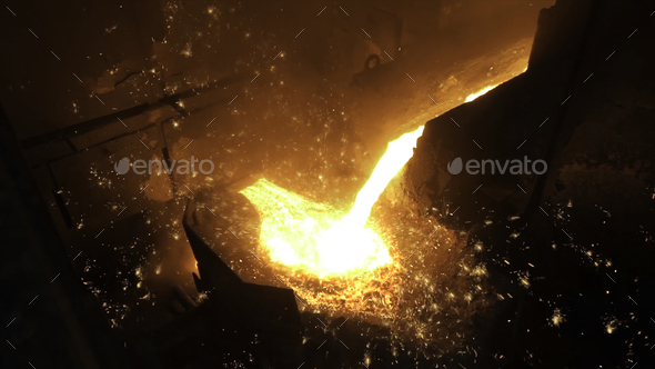 Liquid metal from blast furnace. Liquid iron from ladle in the ...