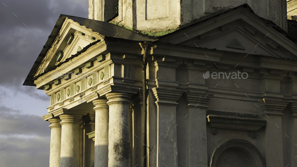 Side view of an ancient church wall. Stock footage. Windows and white ...