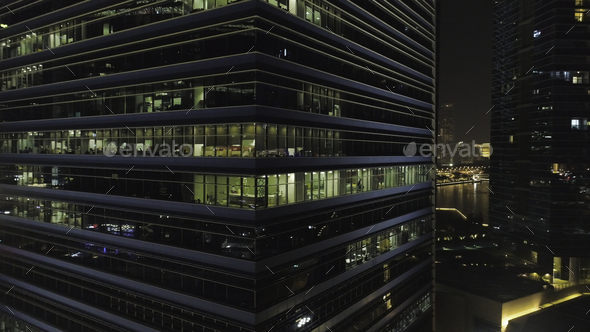 Commercial office buildings exterior. Shot. Night view at skyscrapers ...