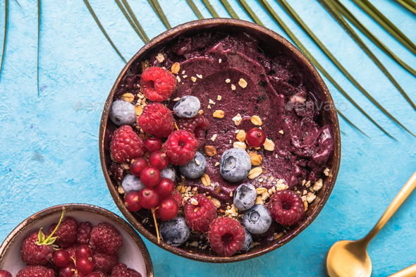Frozen acai smoothie. Breakfast, healthy meal for summer vibes, top ...