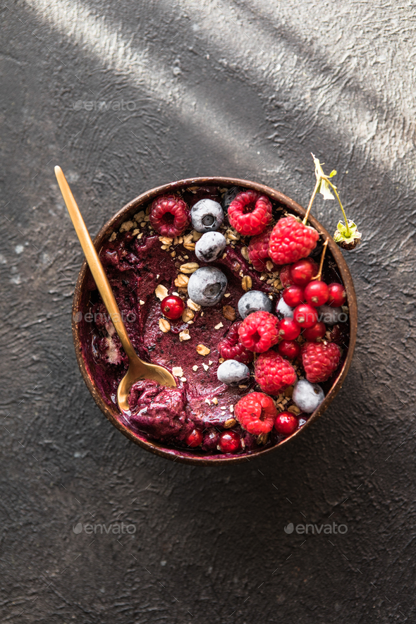 Frozen acai smoothie. Breakfast, healthy meal for summer vibes, top ...