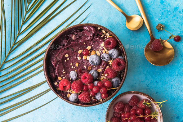 Frozen acai smoothie. Breakfast, healthy meal for summer vibes, top ...