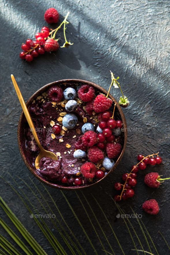 Frozen acai smoothie. Breakfast, healthy meal for summer vibes, top ...