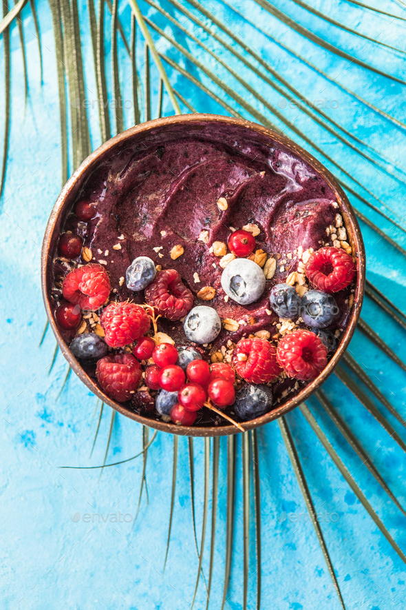 Frozen acai smoothie. Breakfast, healthy meal for summer vibes, top ...