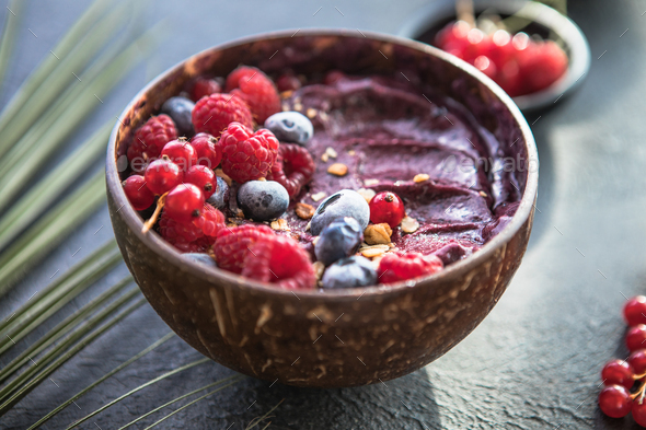 Frozen acai smoothie. Breakfast, healthy meal for summer vibes, top ...