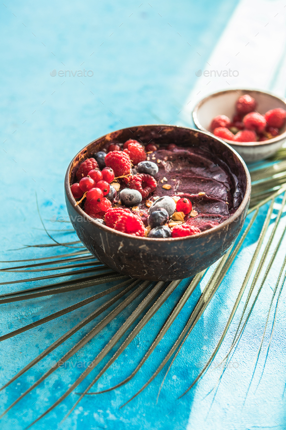 Frozen acai smoothie. Breakfast, healthy meal for summer vibes, top ...