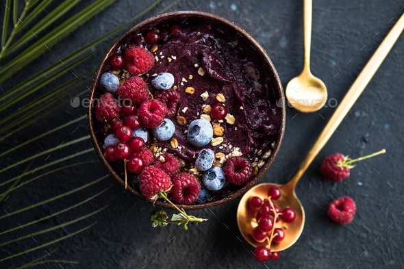 Frozen acai smoothie. Breakfast, healthy meal for summer vibes, top ...