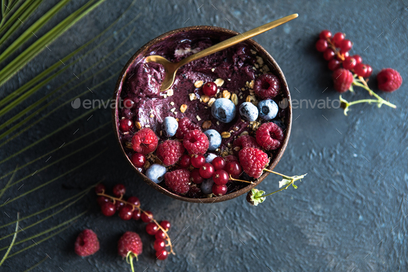 Frozen acai smoothie. Breakfast, healthy meal for summer vibes, top ...