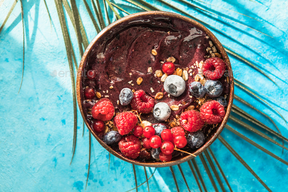 Frozen acai smoothie. Breakfast, healthy meal for summer vibes, top ...