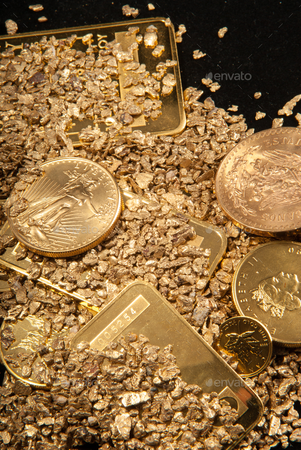 gold in coins, nuggets and ingots Stock Photo by wirestock | PhotoDune