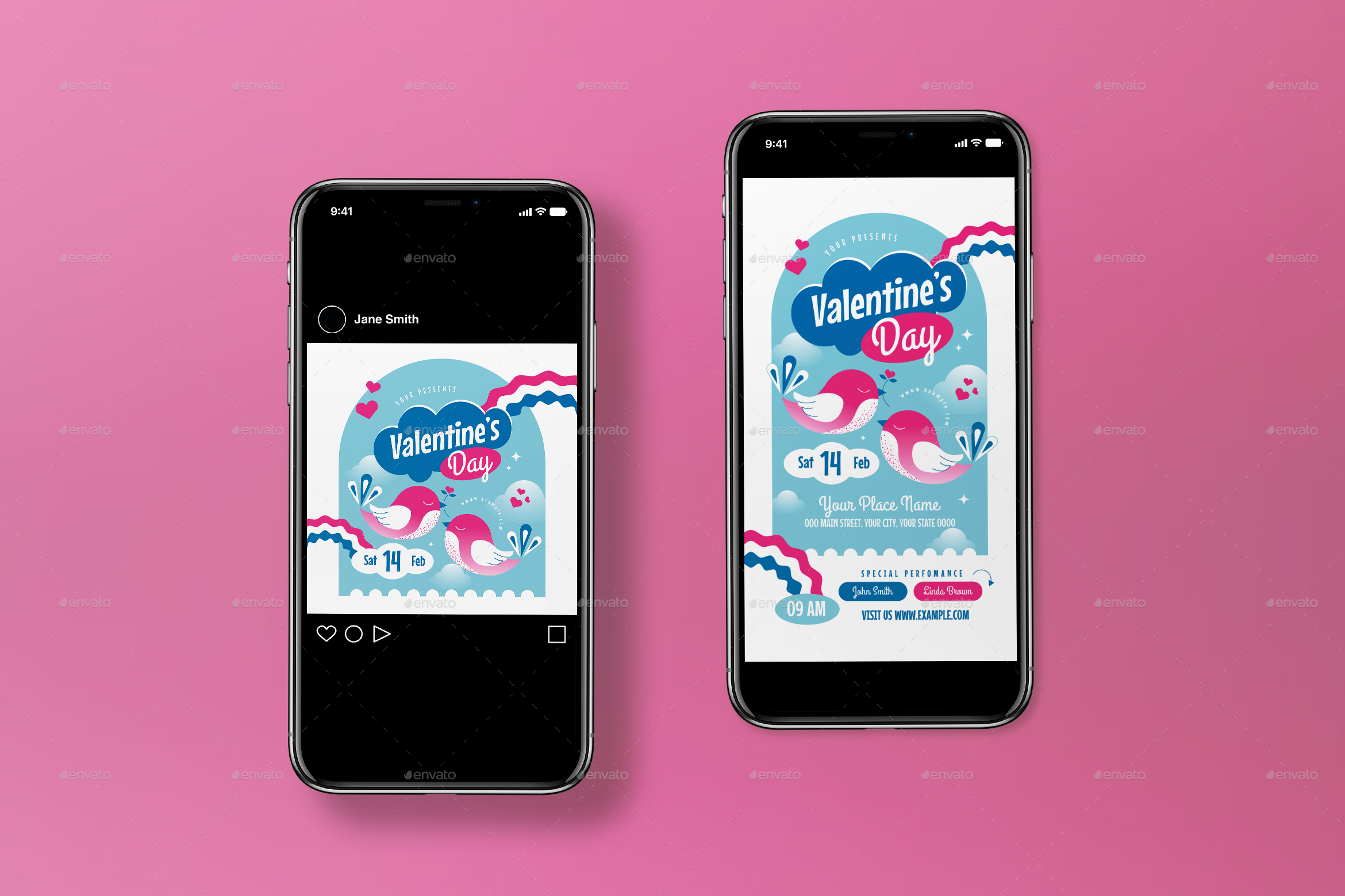 Blue Pink Cute Flat Design Valentine's Day Flyer Set, Print Templates