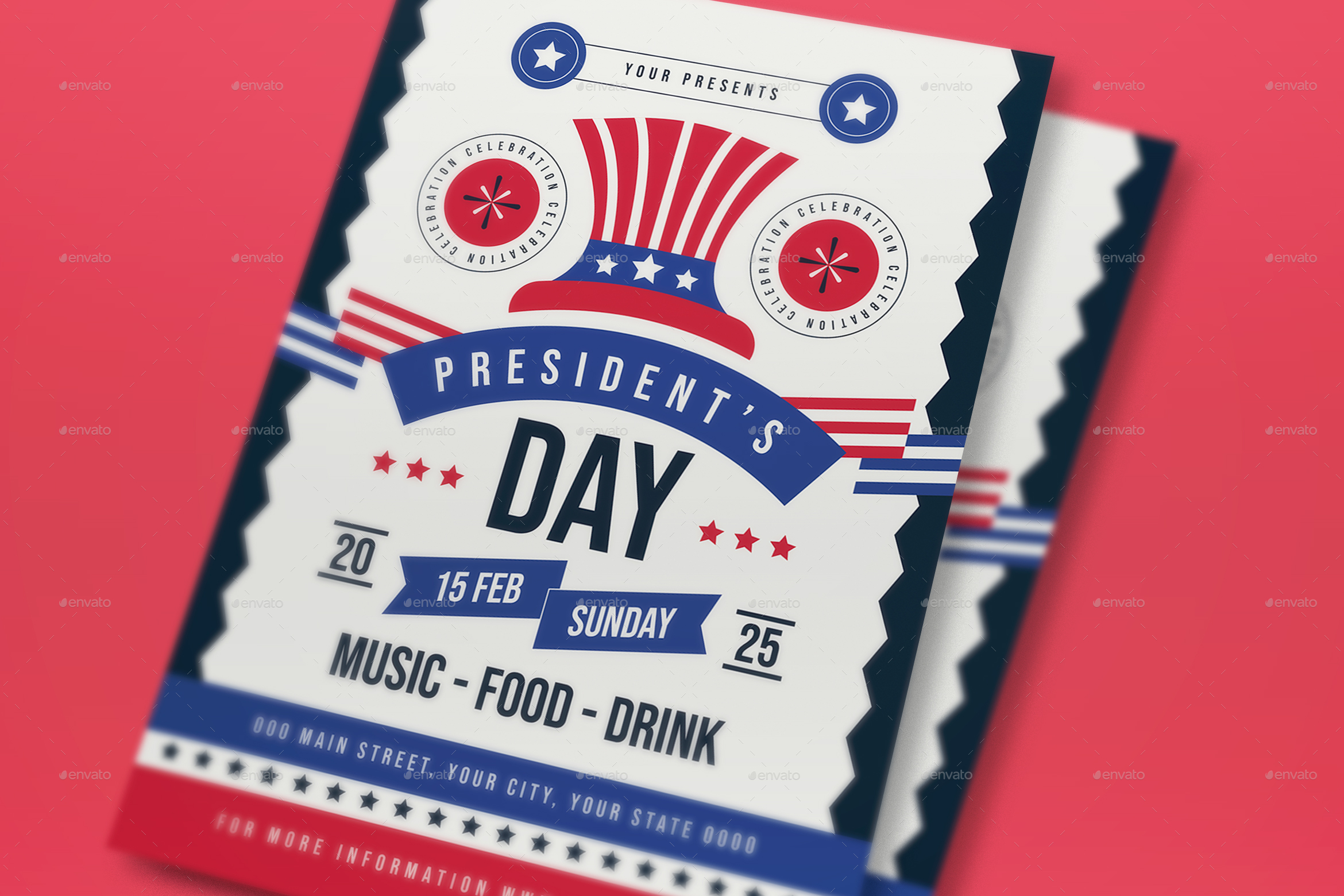 Red Blue Modern Flat Design President's Day Flyer Set, Print Templates