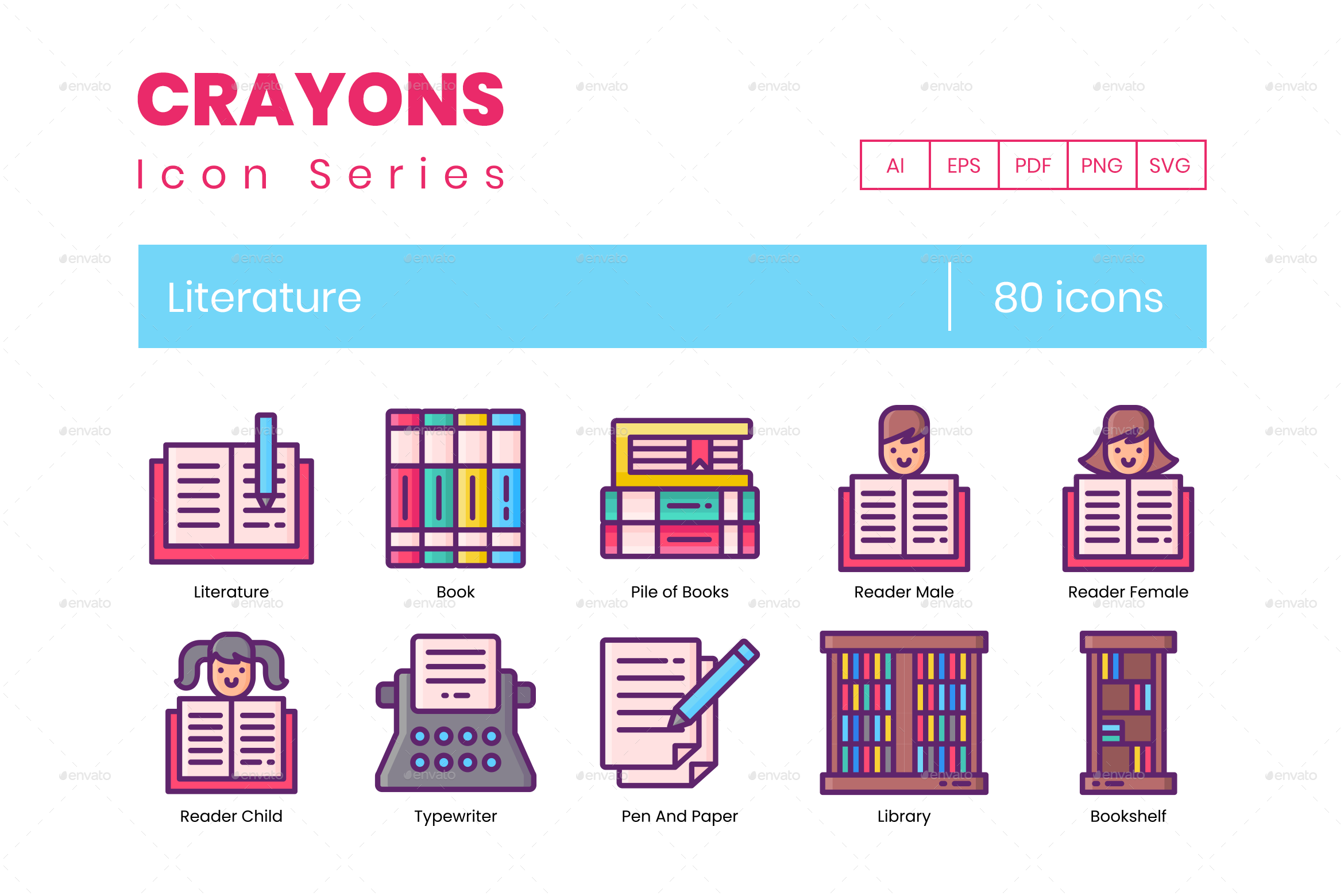 80 Literature Icons | Crayons Series, Icons | GraphicRiver