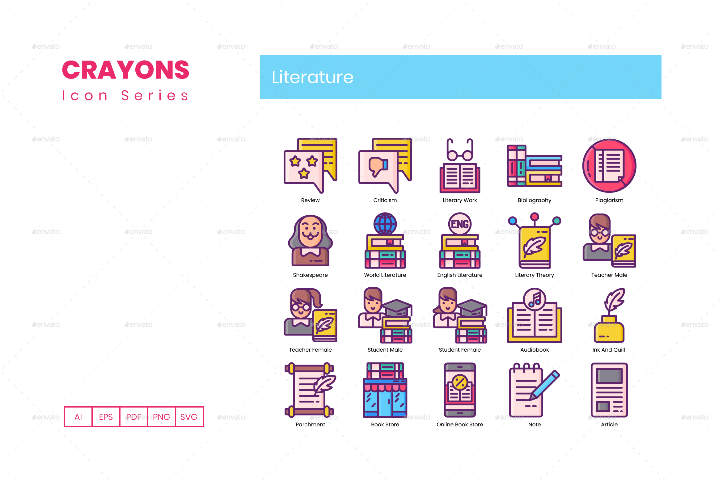 80 Literature Icons | Crayons Series, Icons | GraphicRiver