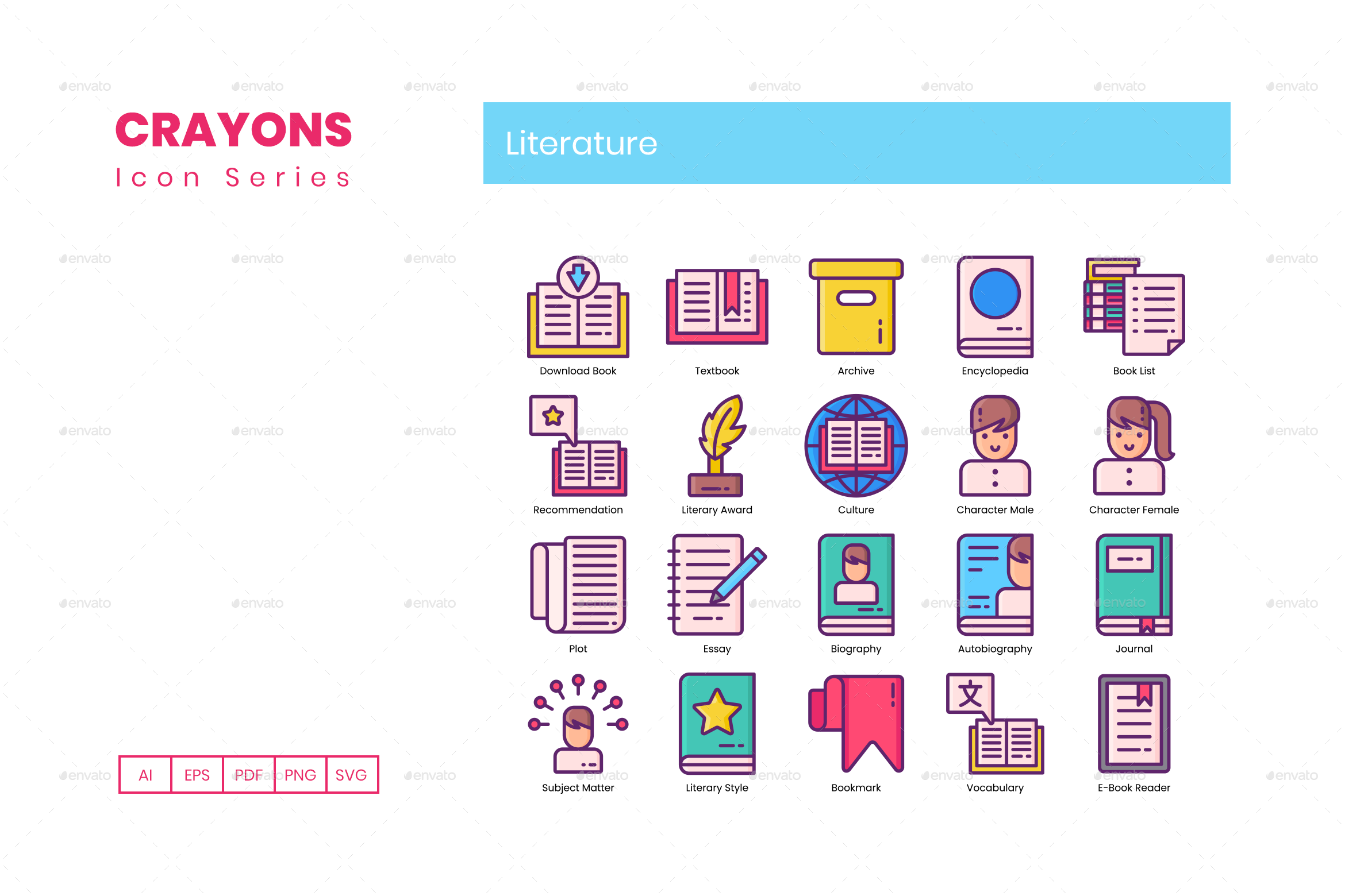 80 Literature Icons | Crayons Series, Icons | GraphicRiver