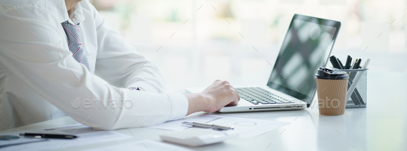 Business man working using laptop computer Hands typing keyboard. Stock ...