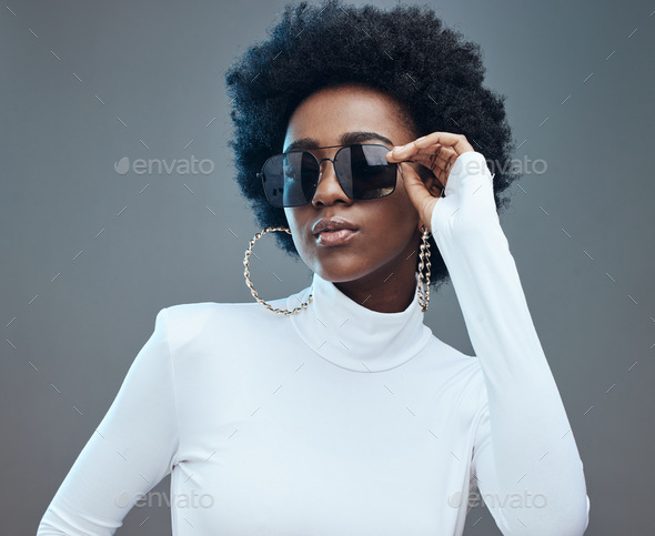 Sunglasses, fashion and young black woman with gen z style and designer ...