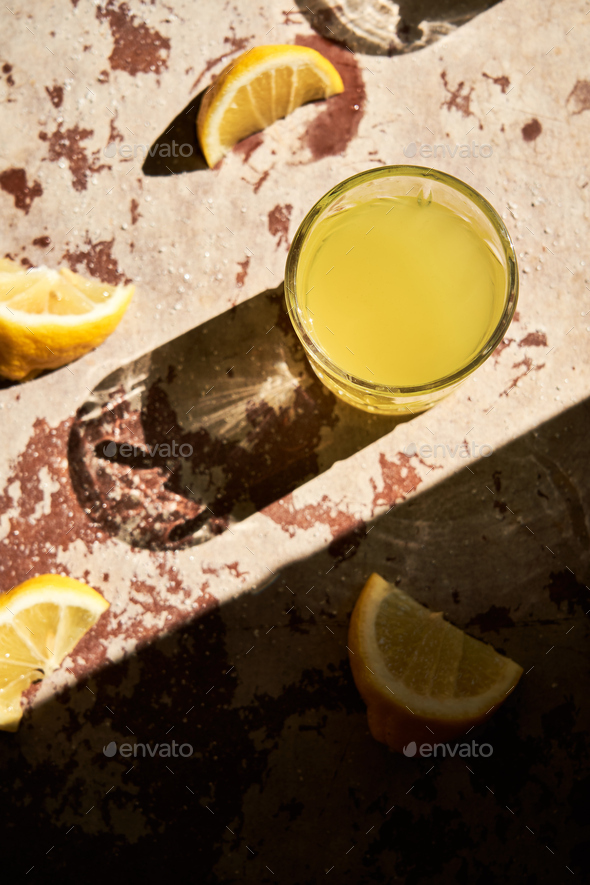 Traditional italian homemade lemon alcohol drink liqueur limoncello ...