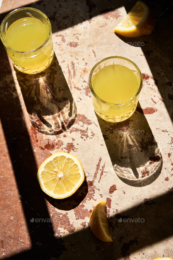 Traditional italian homemade lemon alcohol drink liqueur limoncello ...