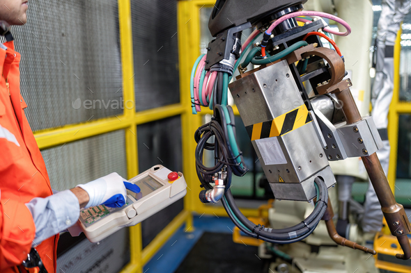 Engineer testing operation robot arm after maintenance and programing ...