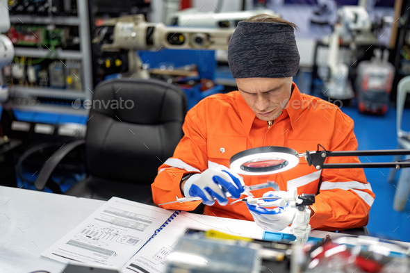 Robotic maintenance guy sit on maintenance desk use magnifier light ...