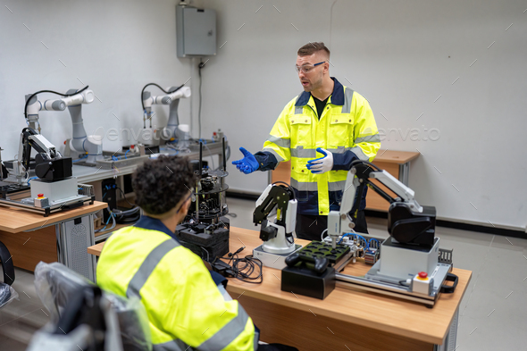 Engineer teach trainee how to operation maintenance and programing robot arm in training room ...