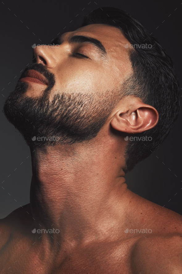 Cosmetics, man and face detox for wellness, peace and skincare on ...