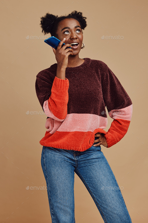 Black woman, contact and smartphone on speaker with communication ...