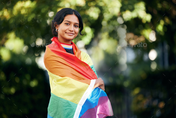 Portrait, woman and rainbow flag for pride, support and lgbtq awareness ...