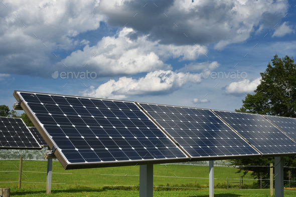 Large array of free standing solar energy panels, green sustainable ...