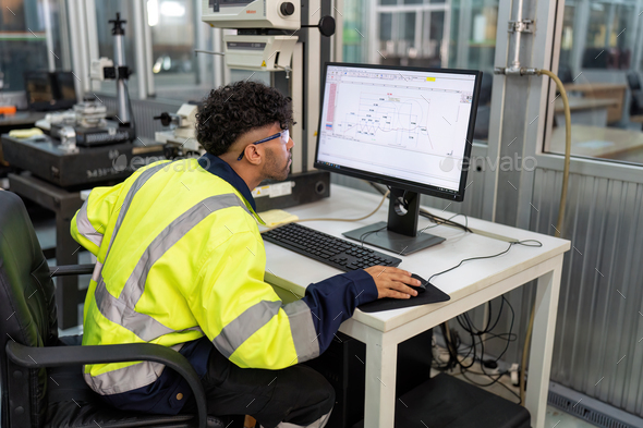 Engineer sitting in robot electronic room use computer create process ...