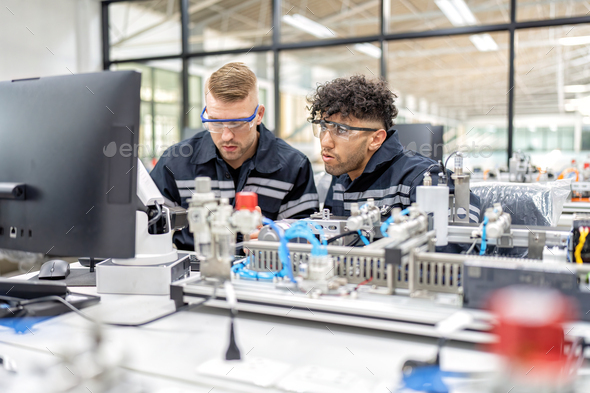 Engineer sitting in robot fabrication room quality checking electronic ...
