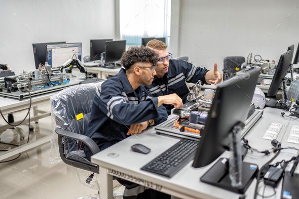 Engineer sitting in robot fabrication room quality checking electronic ...