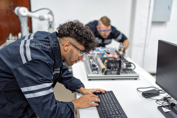 Engineer stand in robot fabrication room quality checking electronic ...