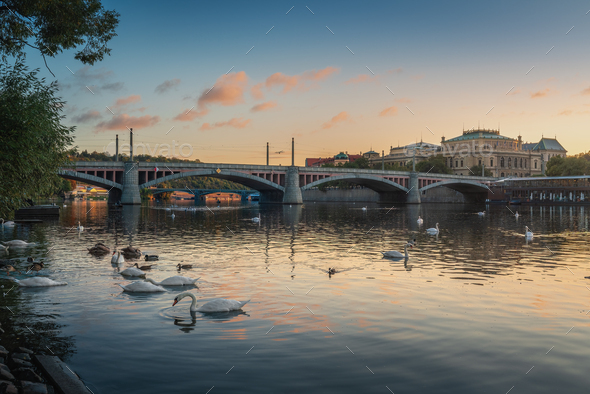 Manes Bridge at Vltava River at sunset - Prague, Czech Republic Stock ...