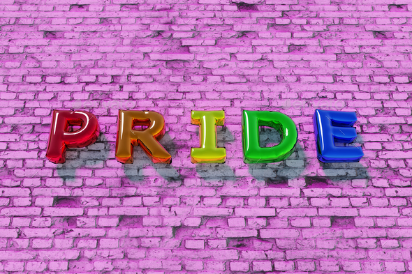 pride word in 3D of colorful balloons on pink brick background Stock ...