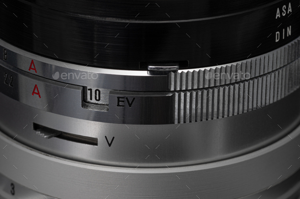 Film camera detail, exposure values and self timer lever Stock Photo by ...